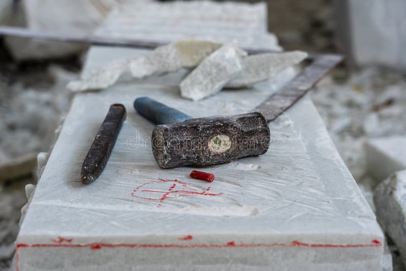 Sculptor Tools on a Marble Slab, Close Up. Workplace, Traditional Tools ...