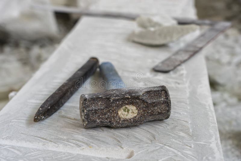 Sculptor Tools on a Marble Slab, Close Up. Workplace, Traditional Tools ...