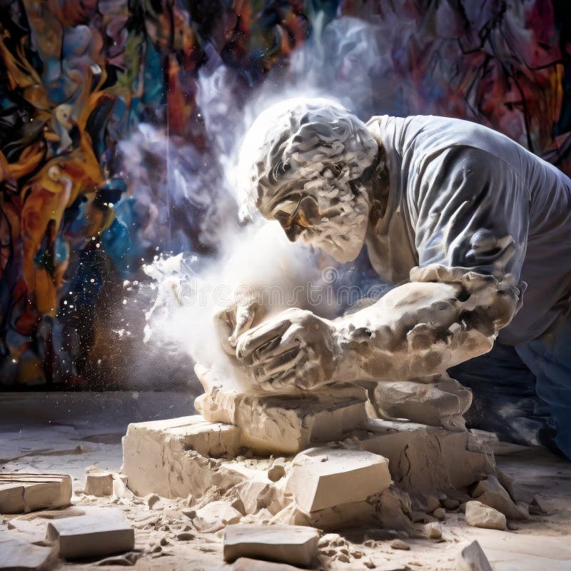 Sculptor at Work, Carving Stone in a Cloud of Dust Stock Photo - Image ...