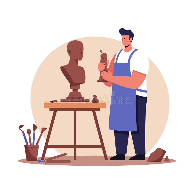 Sculptor Working on a Clay Figure in a Studio with Tools and a Bust in ...