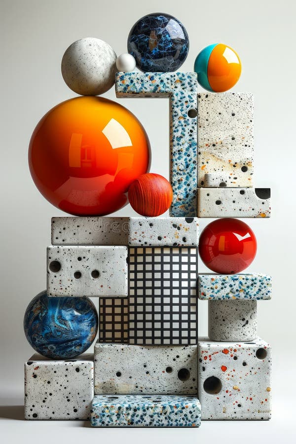 Sculptural Arrangement of Spheres and Blocks in Vibrant Colors and Textures Stock Illustration ...