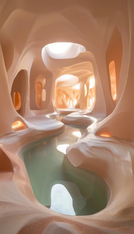 Sculptural Cave Interior with Water Feature, Organic Architecture ...