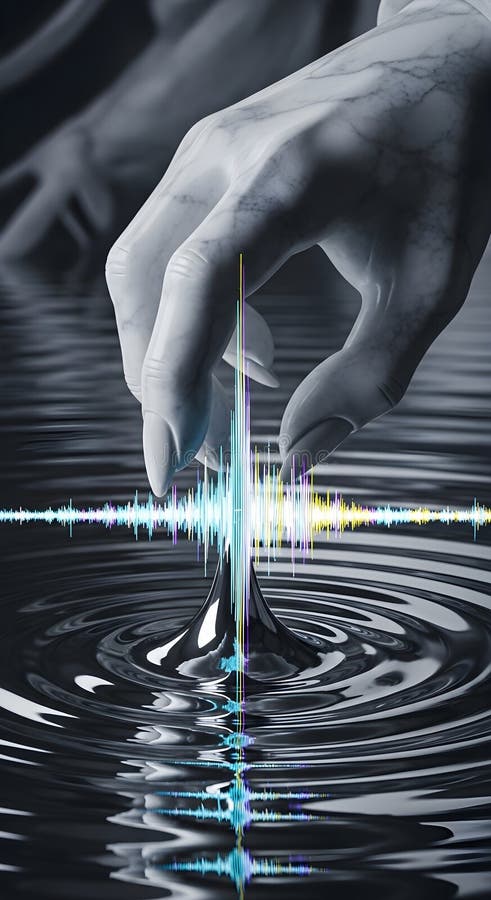 Sculptural Hand and Sound Wave Interaction with Rippling Liquid Stock ...