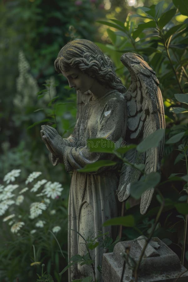 A Sculpture of an Angel Sitting on a Bench in a Garden Stock Image ...