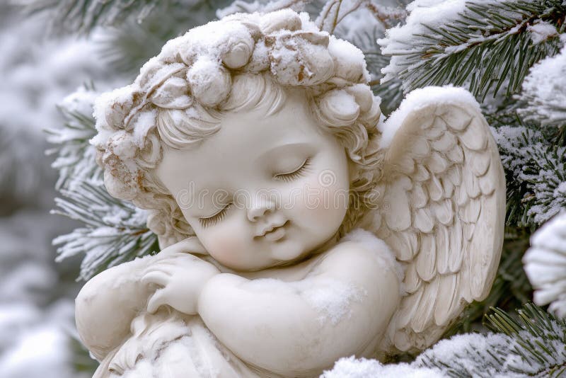 Sculpture of a Cute Angel with Wings Under the Snow by a Pine Tree ...