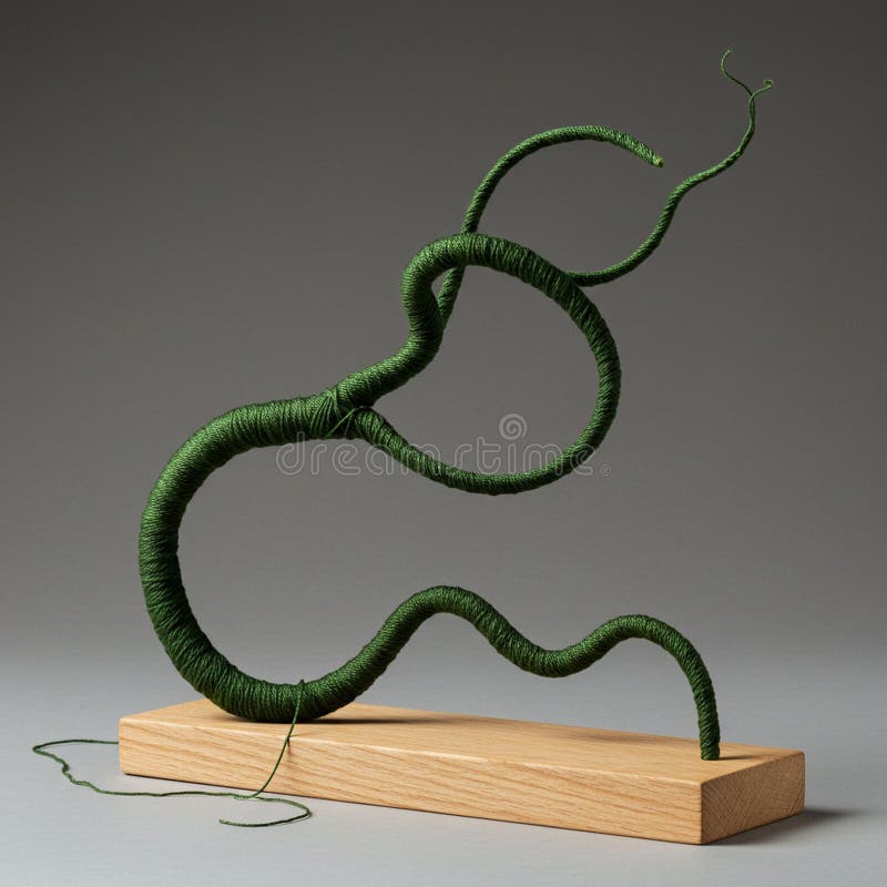 A Sculpture Features a Fluid, Abstract Form Wrapped in Dark Green ...