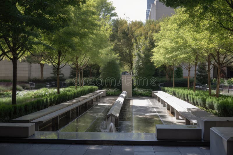Sculpture Garden with Water Feature and Benches, Surrounded by Lush ...