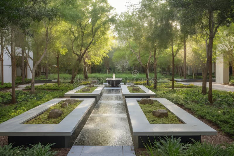 Sculpture Garden with Water Feature and Benches, Surrounded by Lush ...