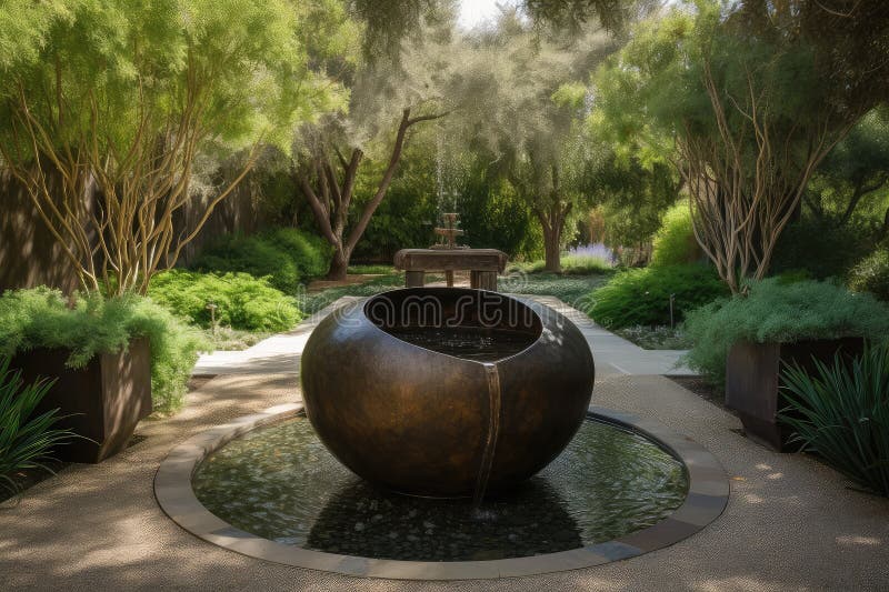 Sculpture Garden With Water Feature Providing Peaceful And Serene Setting Stock Illustration