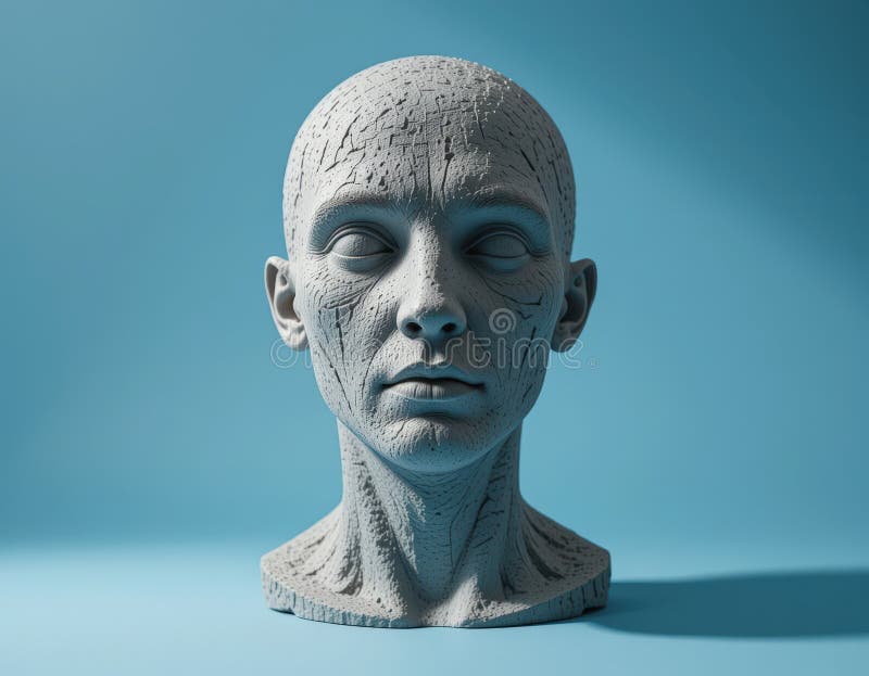 Sculpture of a Human Head on Blue Backdrop with Smooth Lighting Stock ...