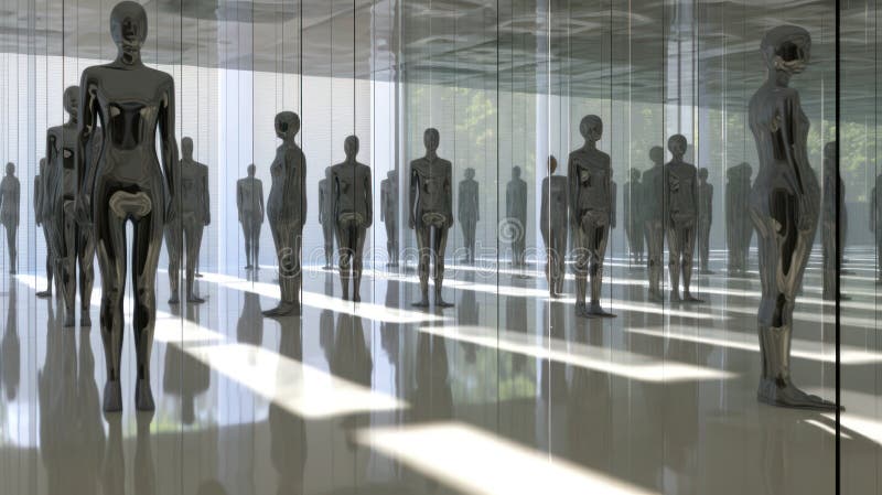 A Sculpture Installation Consisting of Real and Reflected Human Figures ...