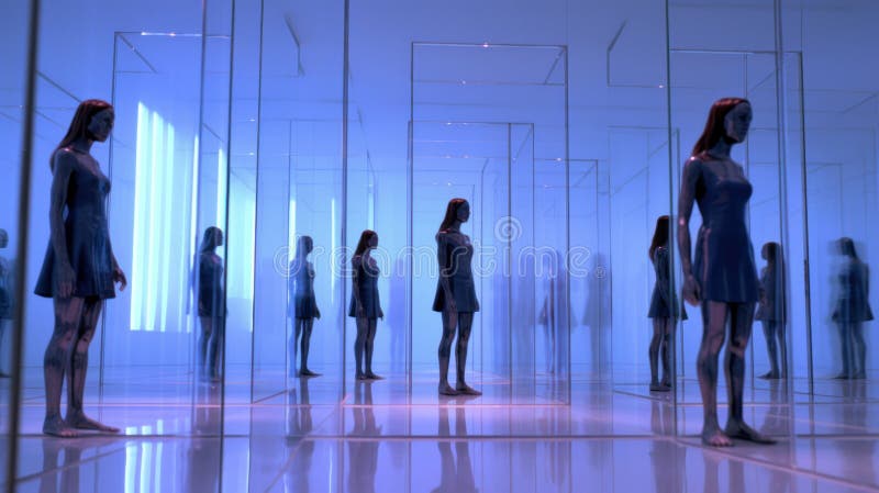 A Sculpture Installation Consisting of Real and Reflected Human Figures ...
