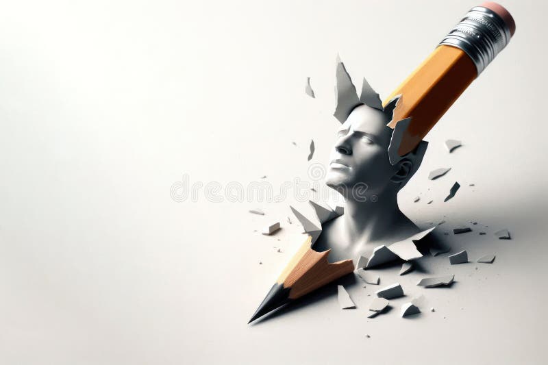 Sculpture of a Man S Head and a Breaking Pencil. Space for Text. Stock ...