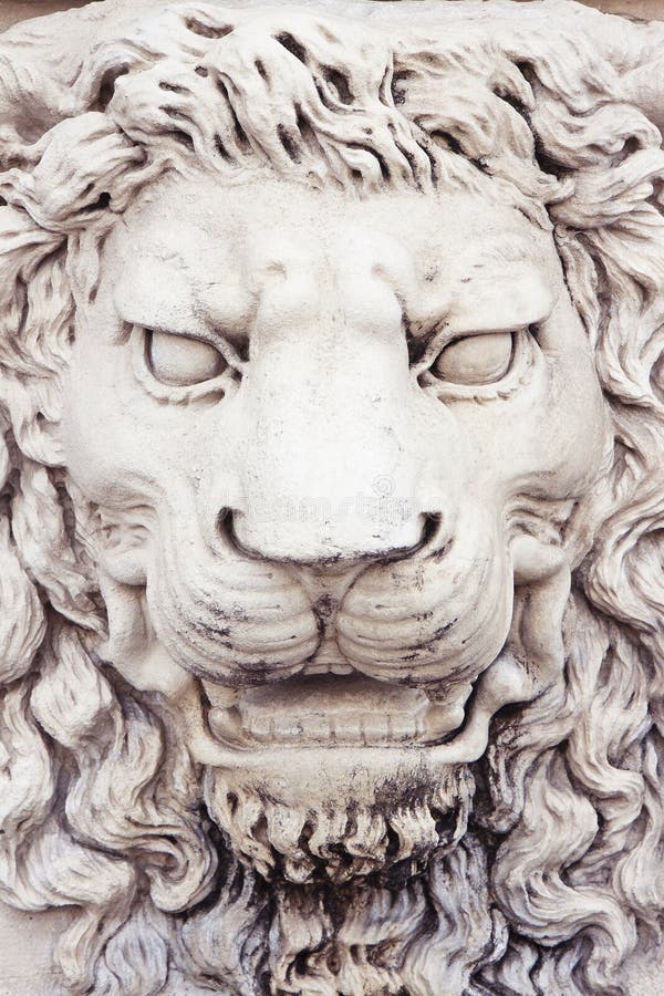 Sculpture of a Medieval Lion Head of Stone Italy - Frontal View Stock ...