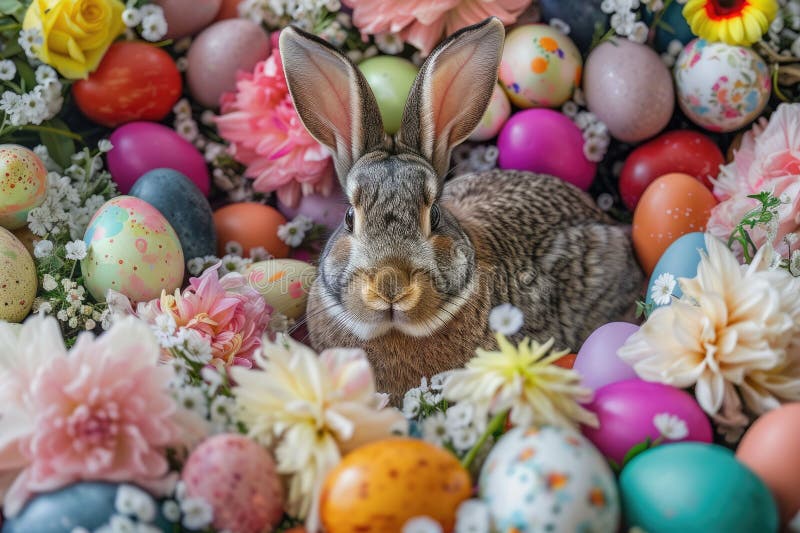 A Sculpture of a Rabbit Amidst Easter Eggs and Flowers in a Garden ...
