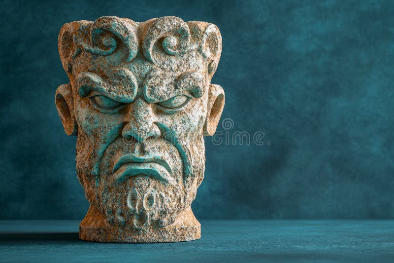 A Sculpture of a Stone Head Featuring a Grumpy Expression and a ...