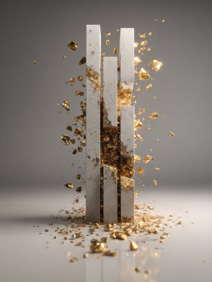 Sculpture of White Blocks Exploding with Gold Fragments in Dynamic Display of Motion and Art ...