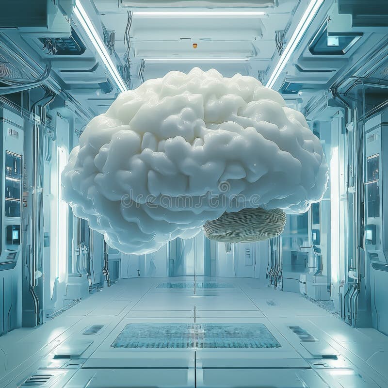 A Sculpture of a White Brain in a Futuristic Corridor Symbolizes ...
