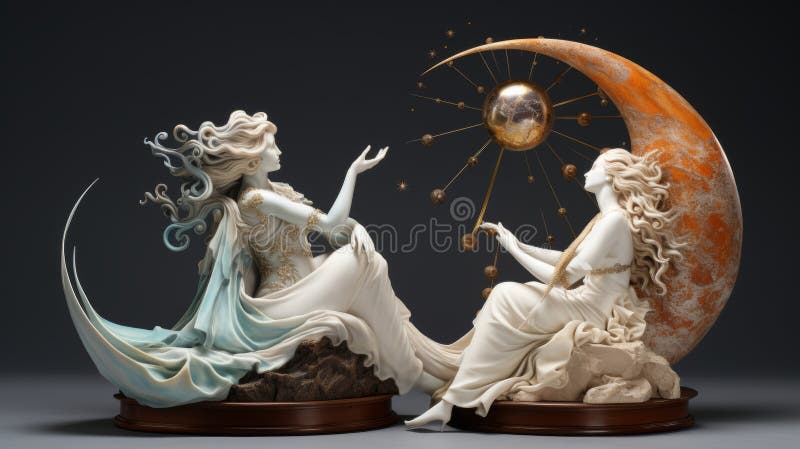 Sculptures of Goddesses of the Sun and the Moon Stock Illustration ...