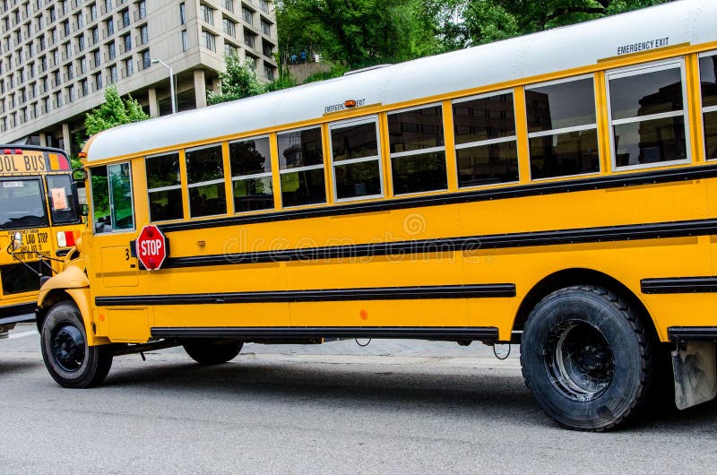 Scuolabus/bus nella città immagine stock. Immagine di arresto - 47188723