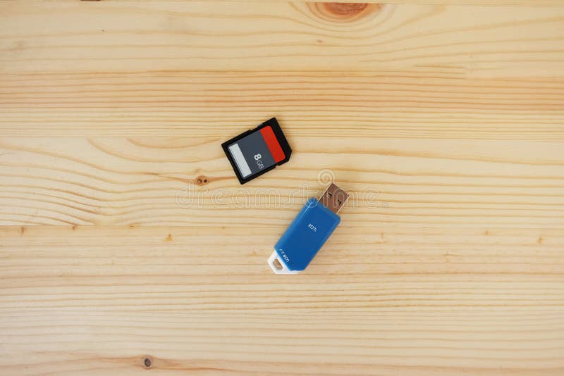SD Card and Flash Drive USB3.0 of Computer on Wooden Background Stock ...