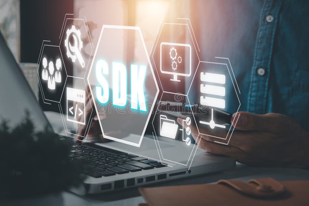 Person Typing Keyboard Computer with SDK Icon on Virtual Screen Stock ...