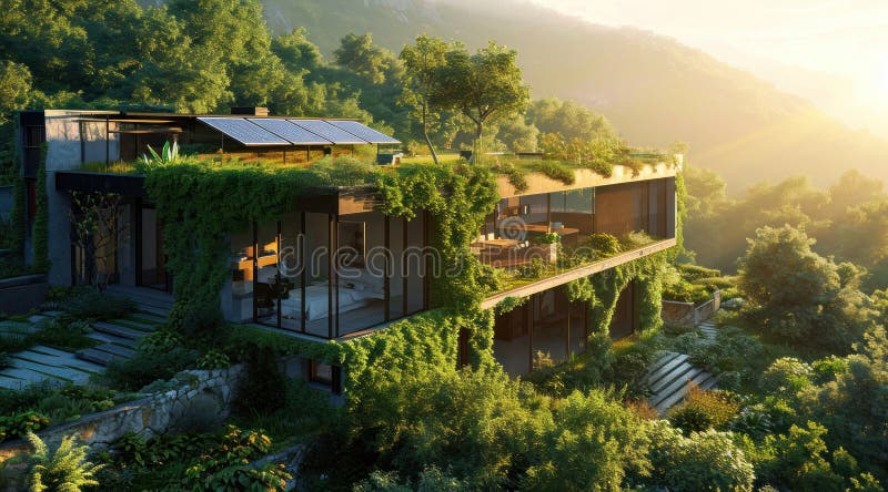 Se Muestra Una Casa Con Techos Verdes Y Paneles Solares Imagen de ...