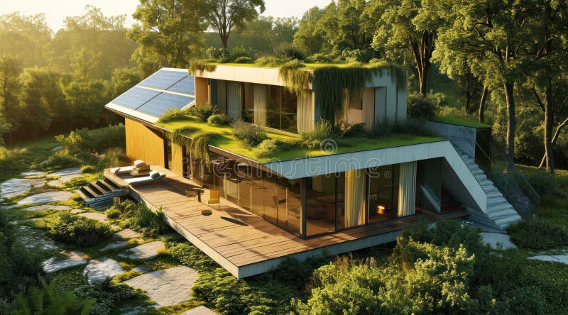 Se Muestra Una Casa Con Techos Verdes Y Paneles Solares Foto de archivo ...