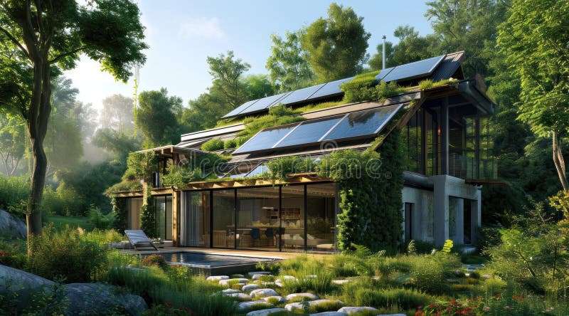 Se Muestra Una Casa Con Techos Verdes Y Paneles Solares Imagen de ...