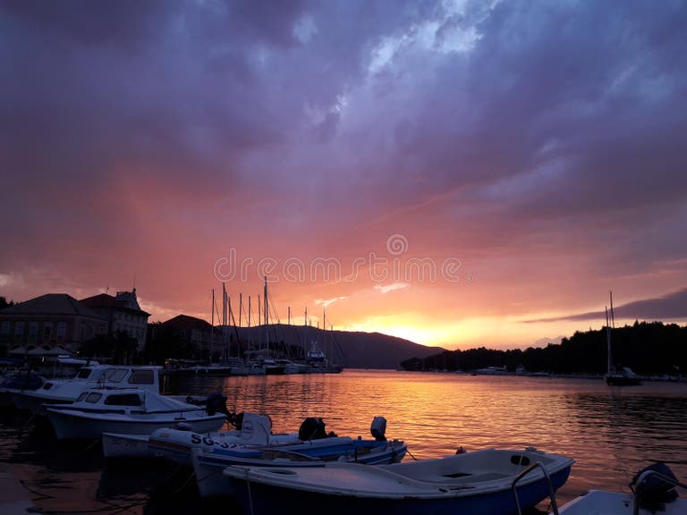 Sea editorial image. Image of boats, stari, sunset, hvar - 134623345