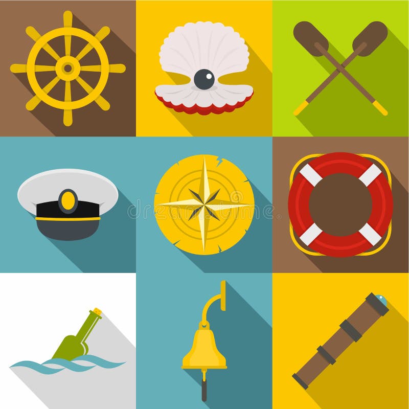 Sea Adventure Icons Set, Flat Style Stock Vector - Illustration of ...