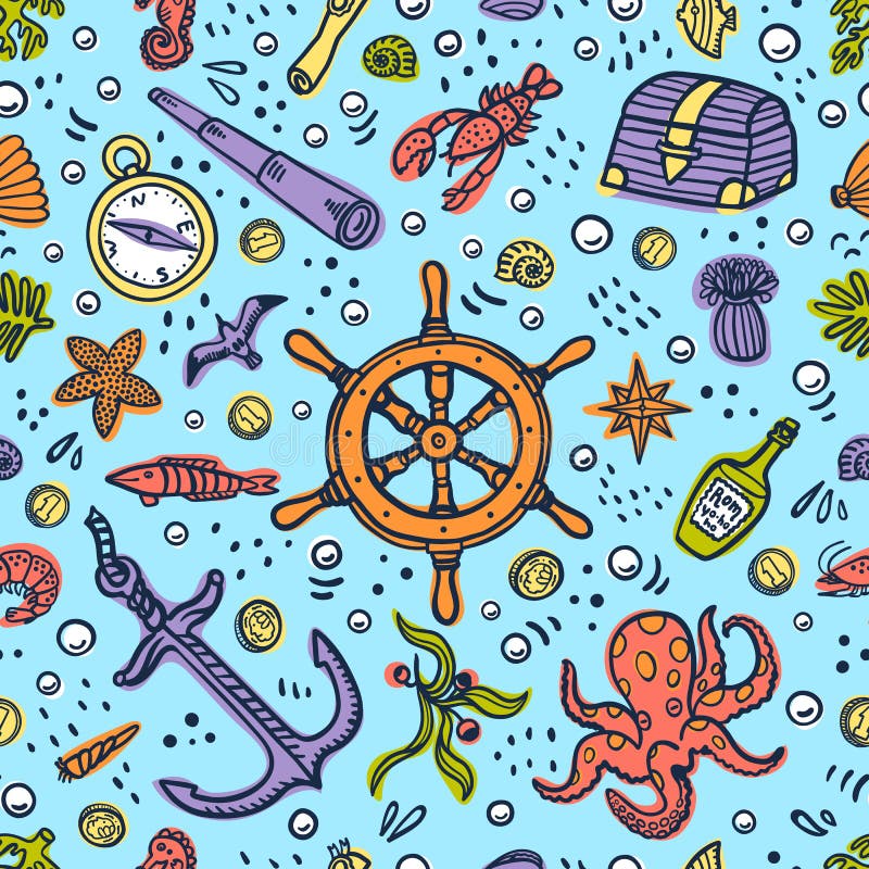 Sea Adventures Template. Marine Hand Drawn Vector and Objects. Doodle ...