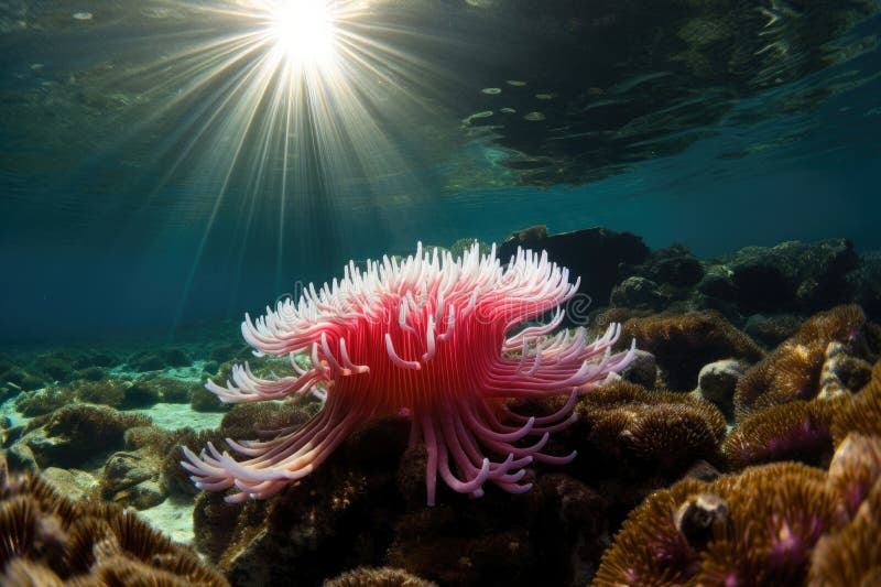 Sea Anemone Illuminated by Sun Rays in Shallow Water Stock Image ...