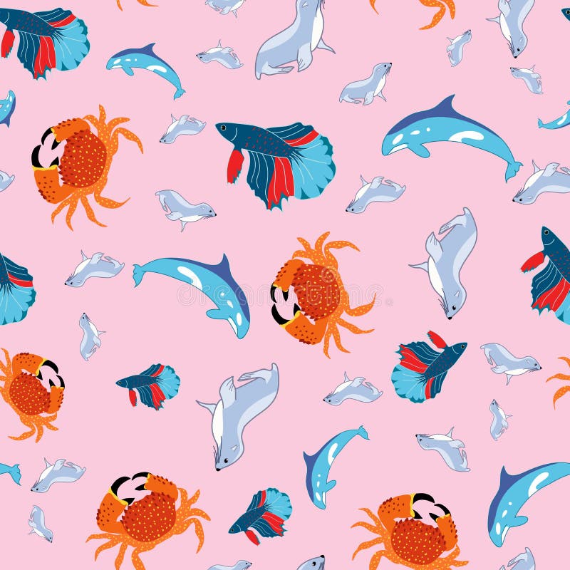 Sea Animal Seamless Pattern on Pink Background Stock Vector ...