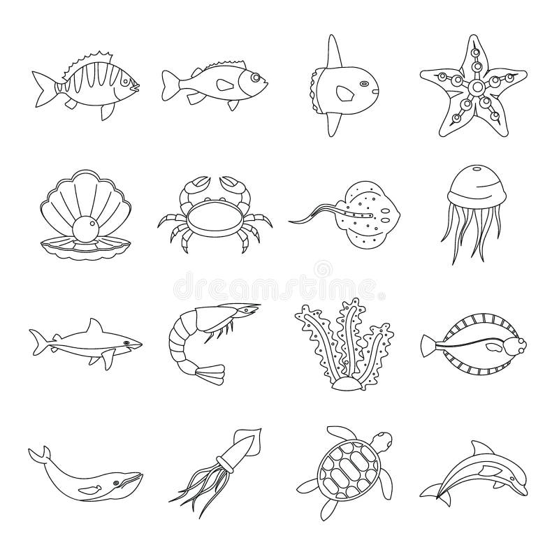 Sea Animals Icons Set, Otline Style Stock Vector - Illustration of ...