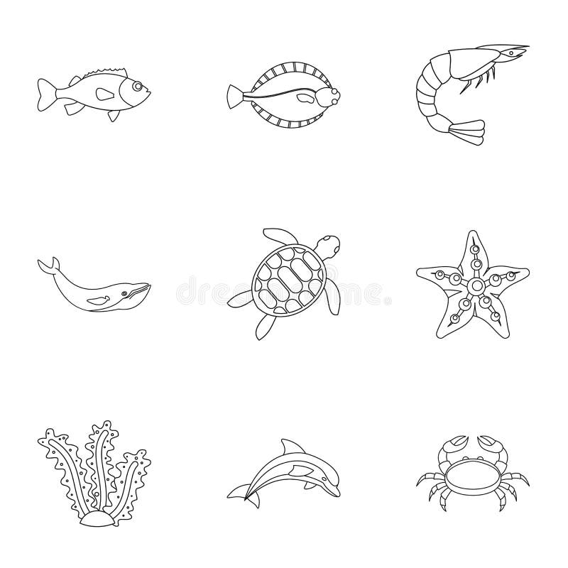 Sea Animals Icons Set, Outline Style Stock Vector - Illustration of ...
