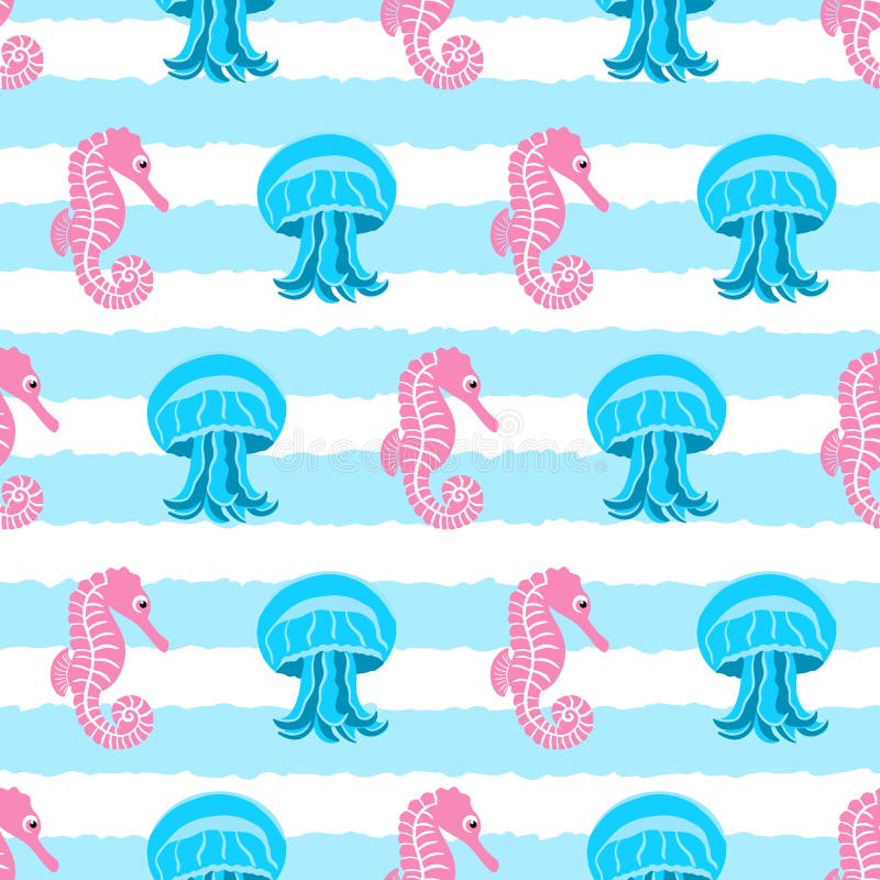 Sea Animals Pattern Design on Blue Stripes Background Stock Vector ...