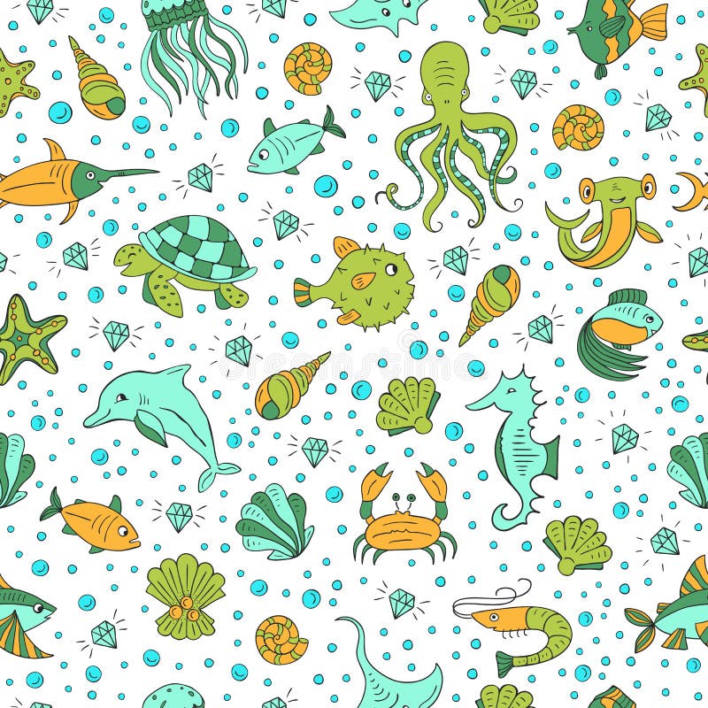 Sea animals pattern stock vector. Illustration of doodle - 94681753