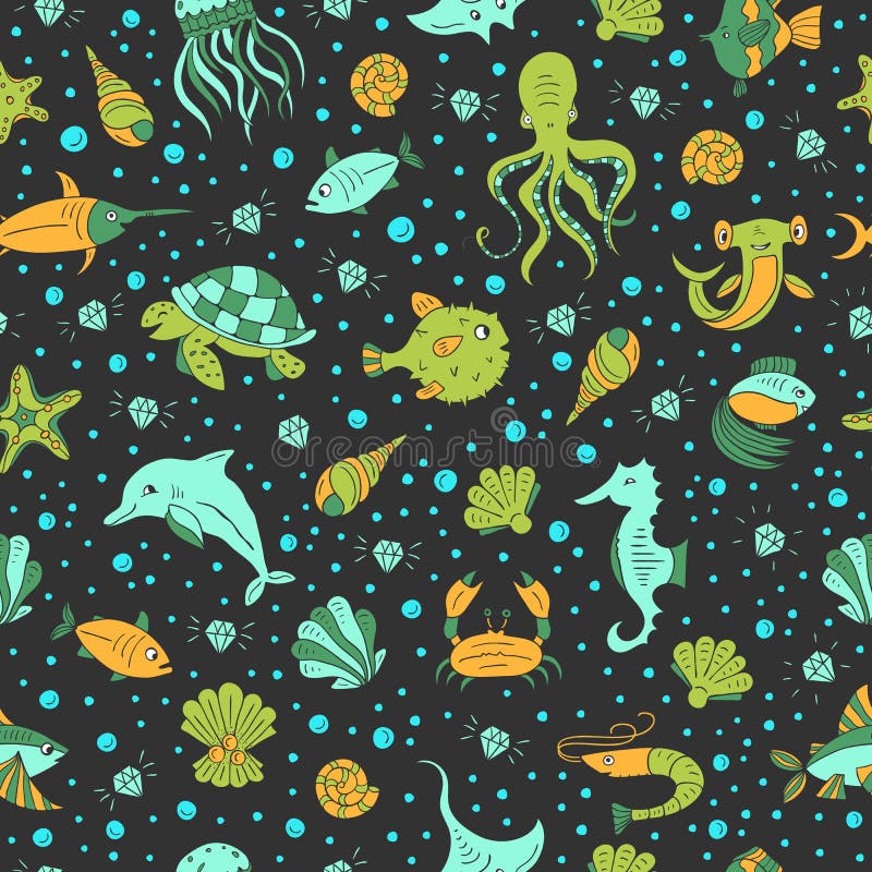 Sea animals pattern stock vector. Illustration of sketch - 94682324
