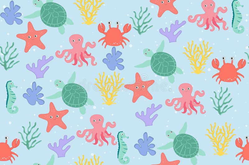 Colorful Seamless Pattern with Sea Animals. Trendy Cartoon Pattern of ...