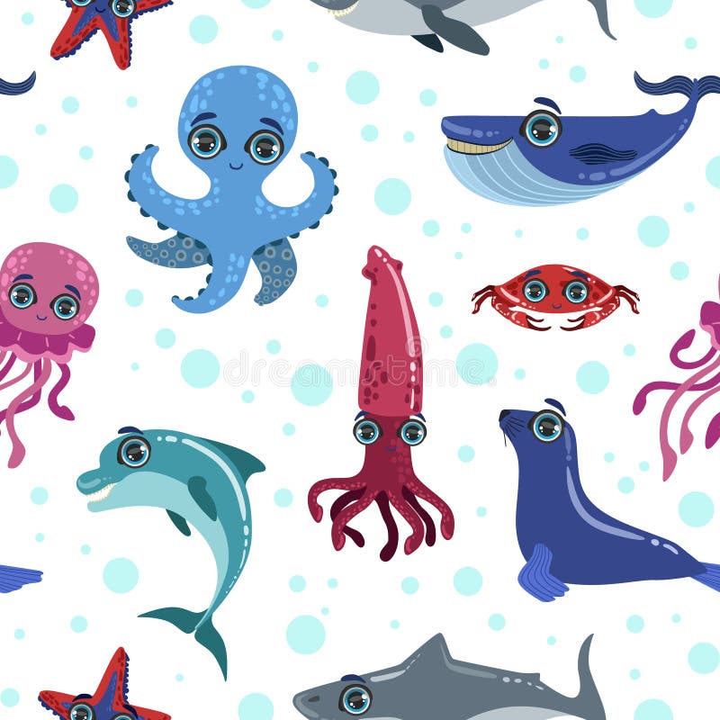 Sea Animals Seamless Pattern with Cute Sea Creatures, Design Element ...