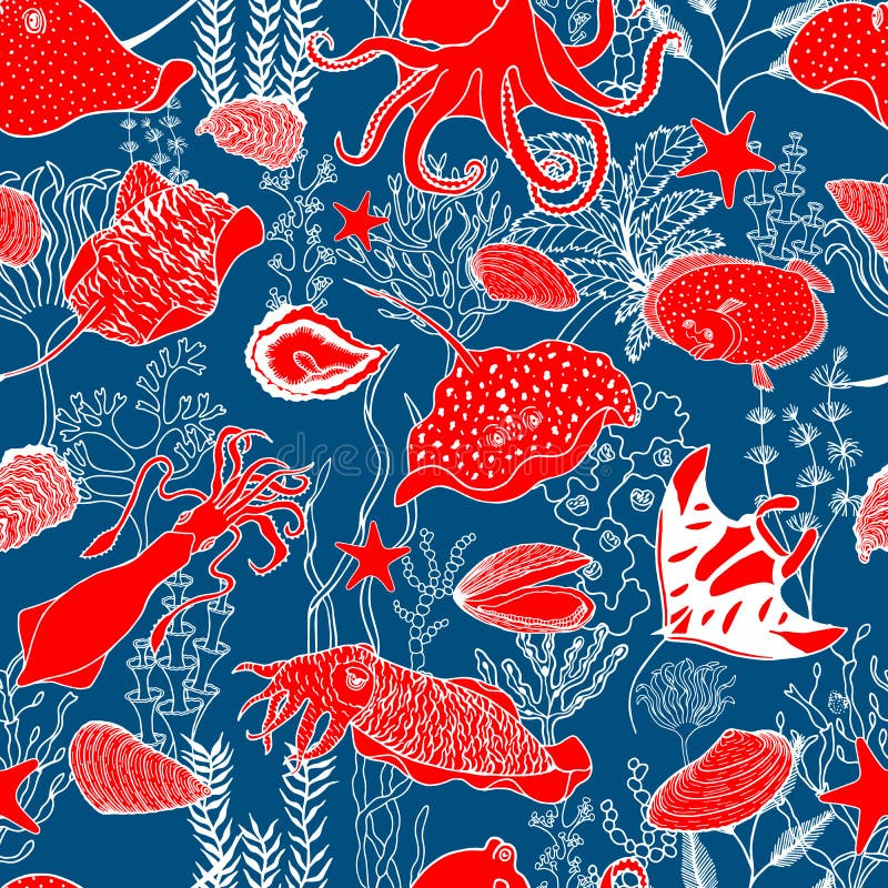 Sea Animals and Seaweed Seamless Pattern. Vector Stock Illustration ...