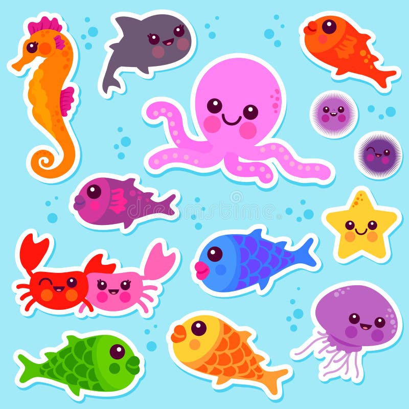 Sea Animals Summer Sticker Collection. Cute Underwater Octopus, Fish ...