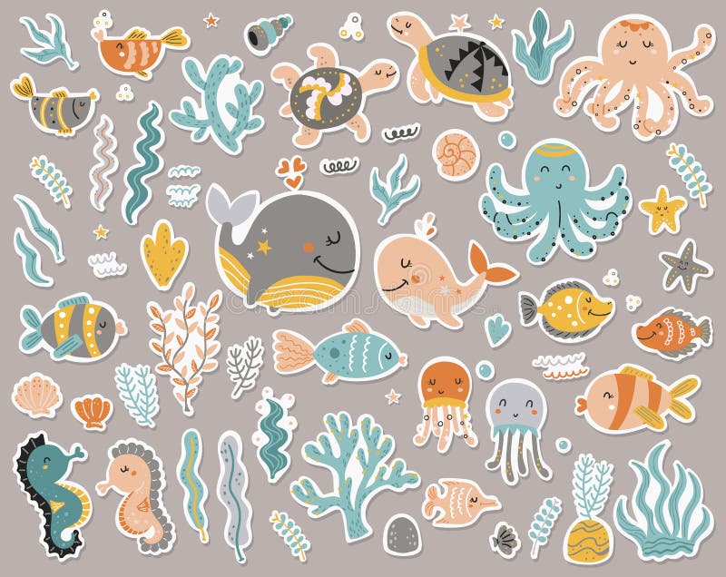Sea Animals Stickers Collection. Stock Vector - Illustration of nursery ...