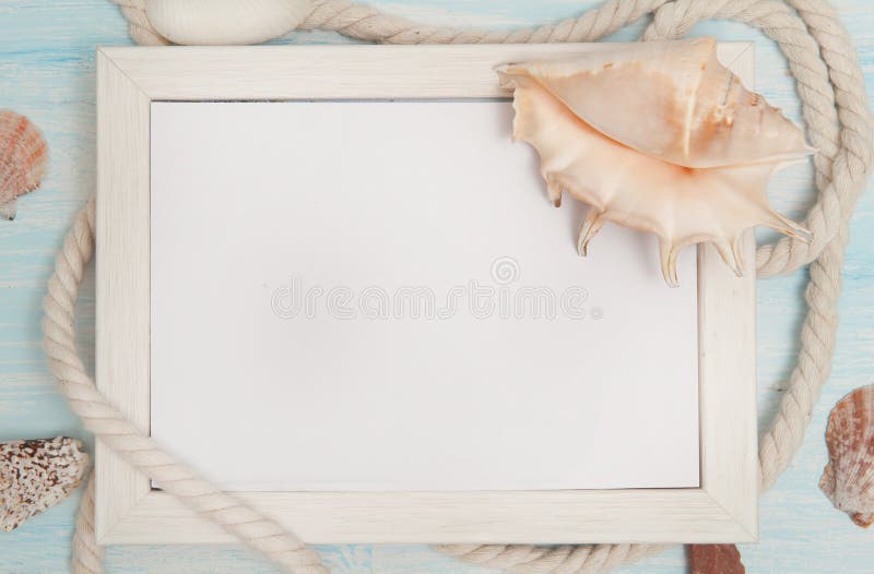 Sea Background with Frame and Blue Painted Wood, Rope, Starfish, Shells ...