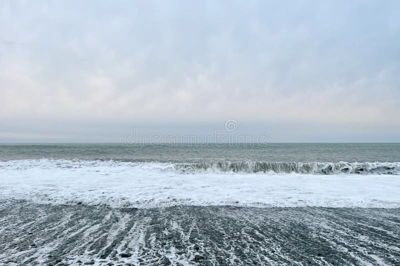 Sea Background. Sea Wave, Empty Beach and Grey Sky Stock Image - Image ...