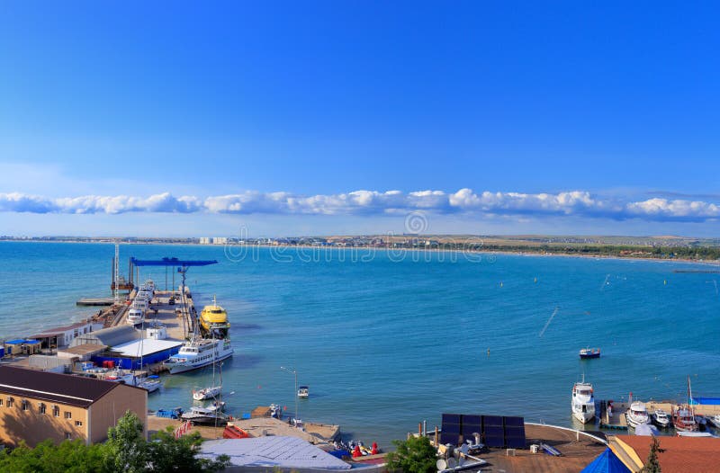 Sea Bay with Pier Yachts Landscape Summer Blue Sky Stock Image - Image ...