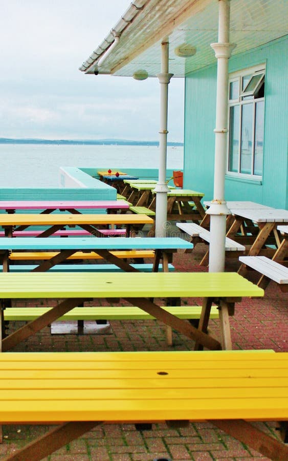 Sea Beach Cafe Colored Table Benches Stock Image - Image of bright ...
