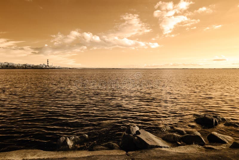 Sea Beach with Dramatic Clouds. Infrared Image Stock Photo - Image of ...