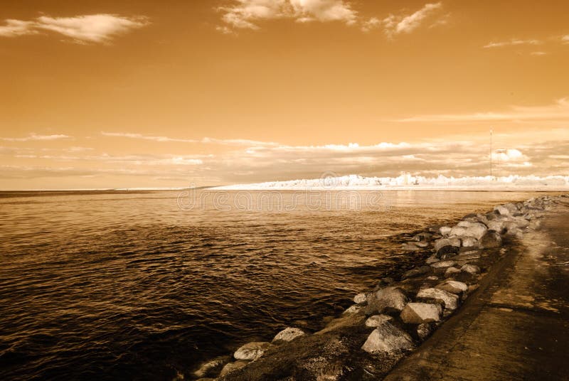 Sea Beach with Dramatic Clouds. Infrared Image Stock Image - Image of ...